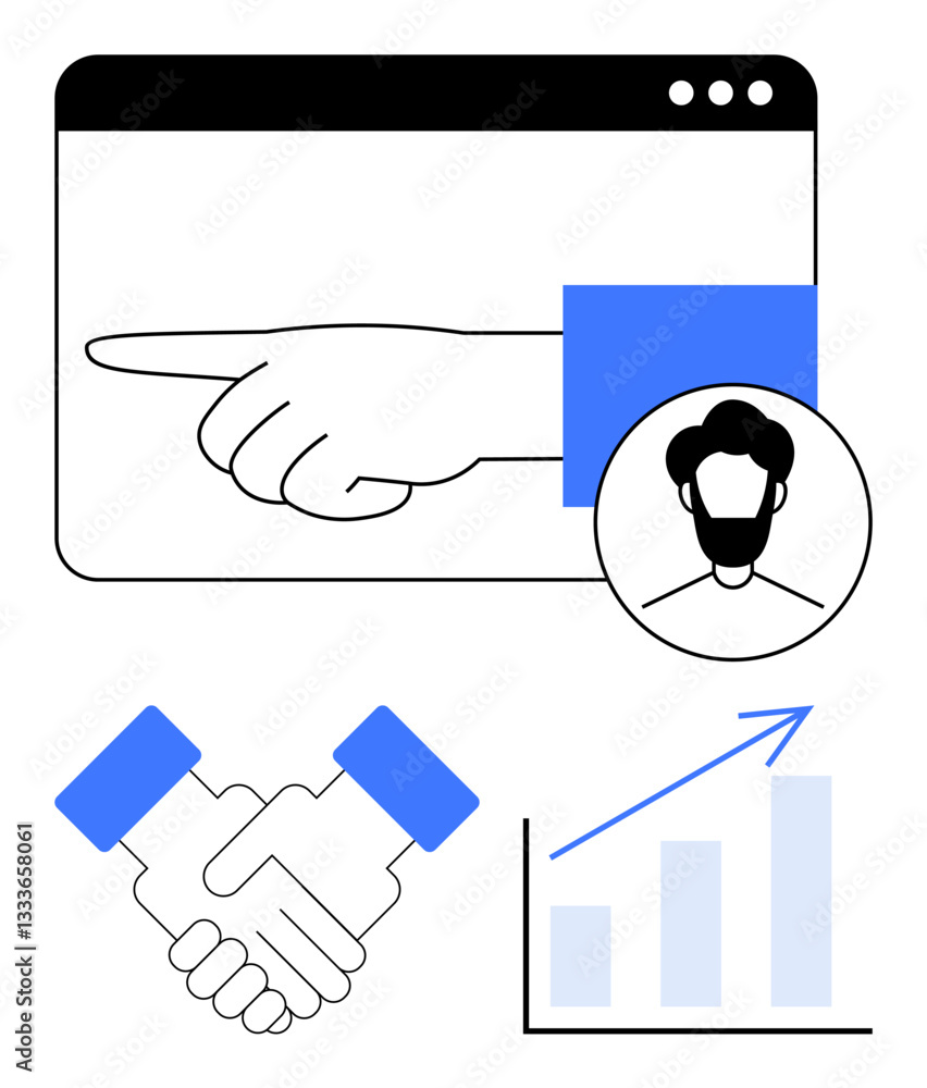 Hand pointing in browser window with avatar profile, handshake, and ascending bar chart. Ideal ...