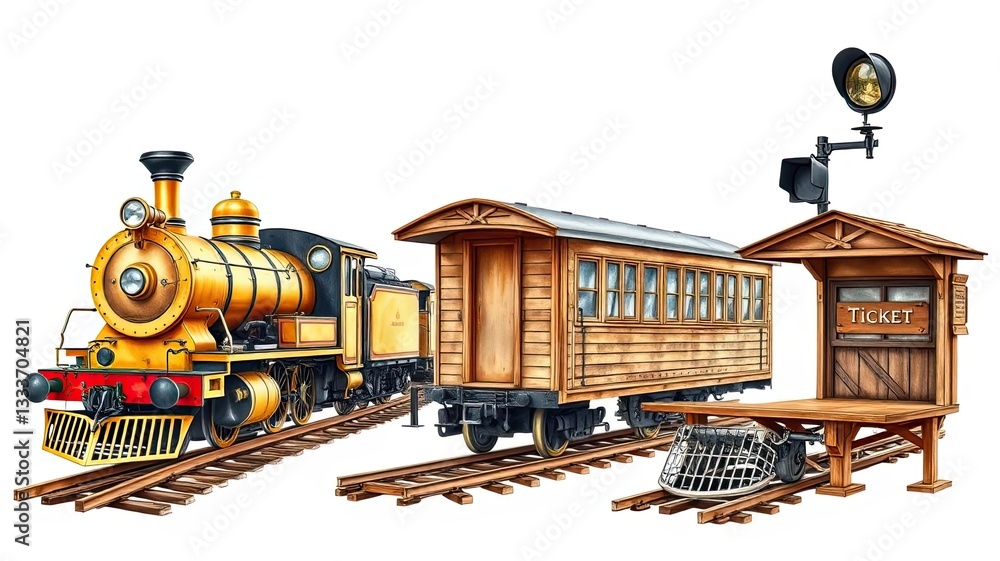 Vintage Steam Train Wooden Carriage Ticket Booth Railroad Illustration ...