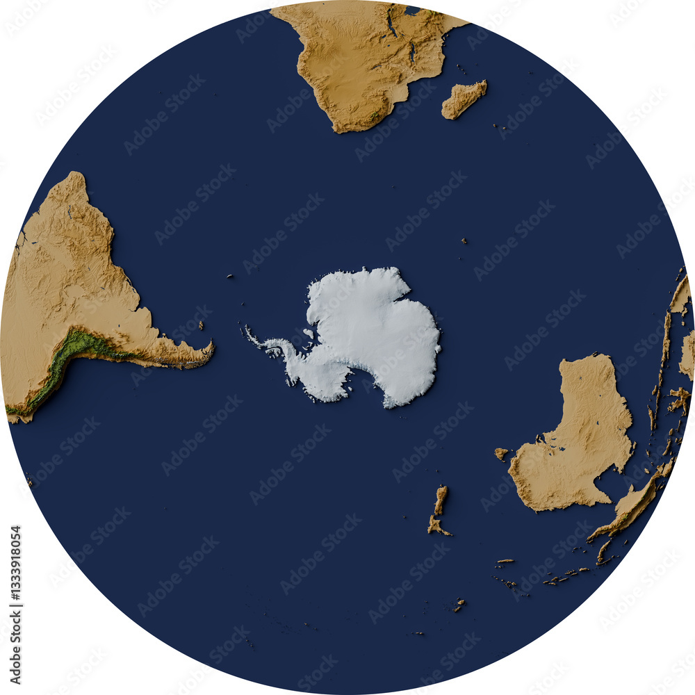 Colored terrain map of the southern hemisphere in an Azimuthal ...