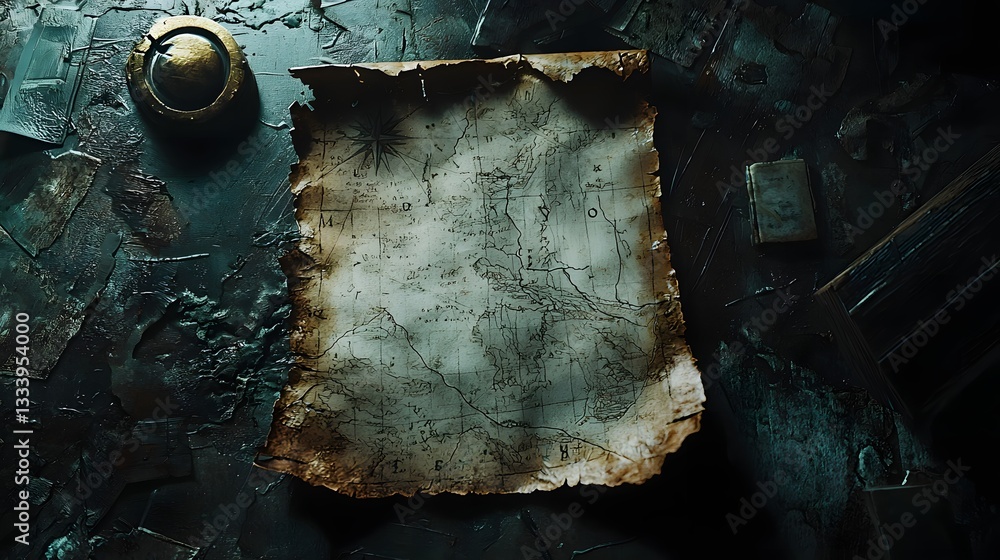 3. A tattered map with ominous markings, hinting at lost secrets hidden ...