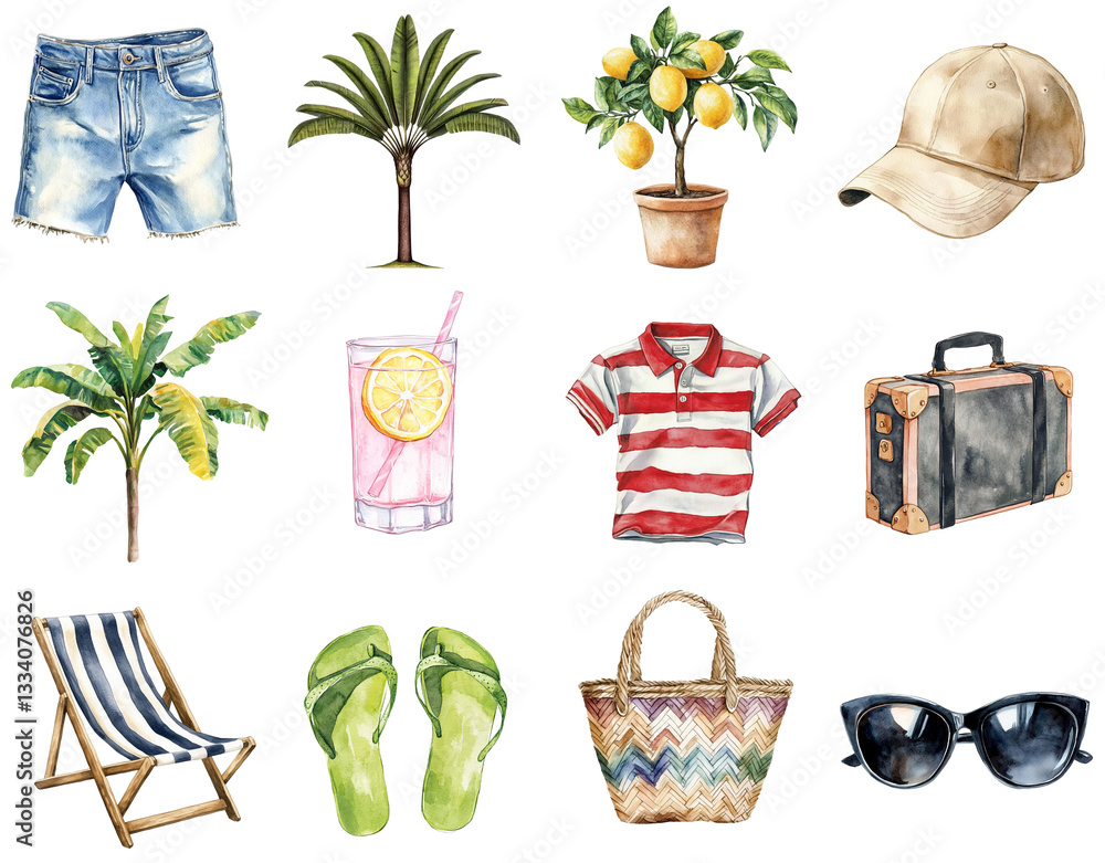 Watercolor summer vacation set. Stock Illustration | Adobe Stock