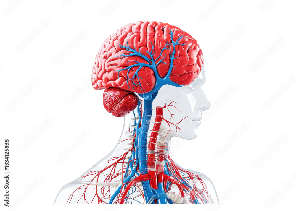 Human brain anatomy with arteries and veins. Medical illustration of ...