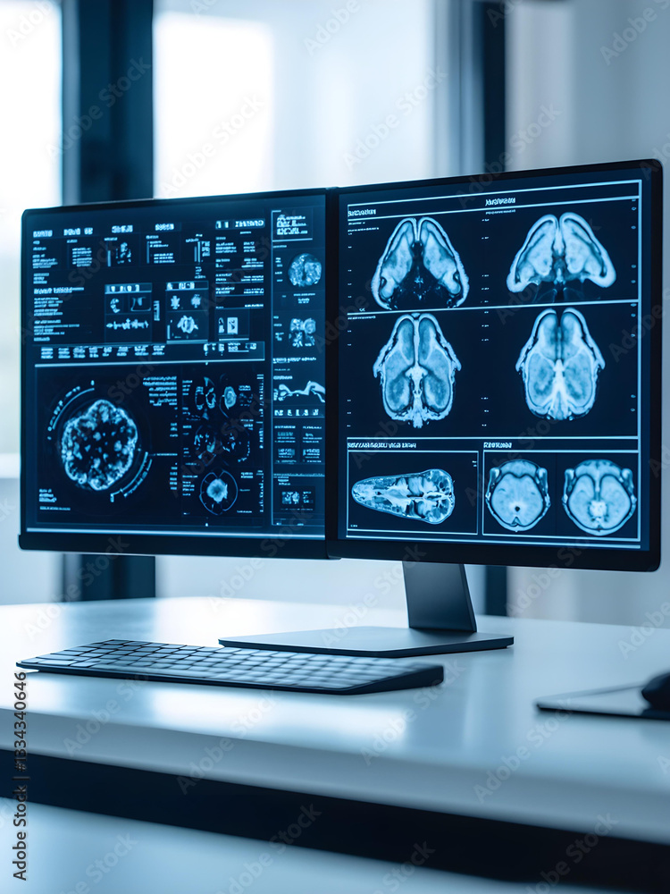 Computer monitor displaying detailed brain MRI scans with diagnostic ...
