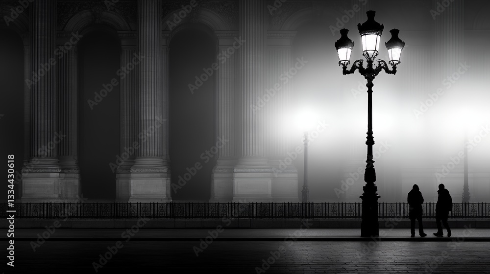 People walking by a vintage street light near columns in a foggy urban ...