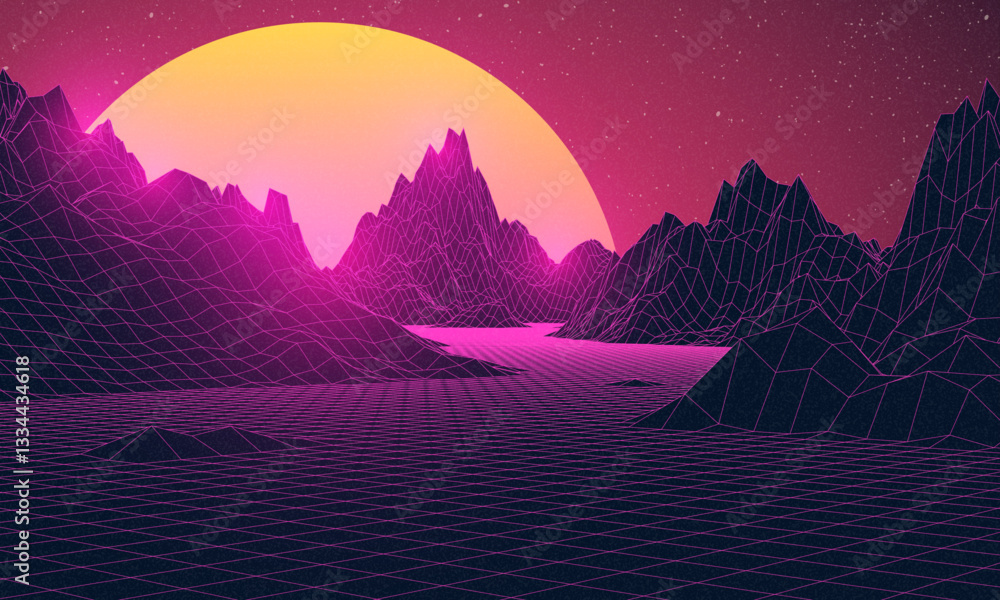 Retro background futuristic landscape 1980s style. Digital retro ...