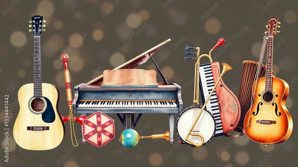 Classical and folk musical instruments in watercolor illustration set ...