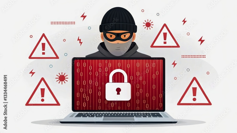 Cybersecurity Illustration of Hacker with Laptop and Warning Symbols on ...