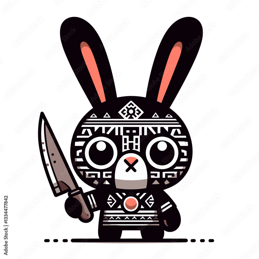Cute cartoon bunny tribal warrior with knife and ethnic pattern. Vector ...