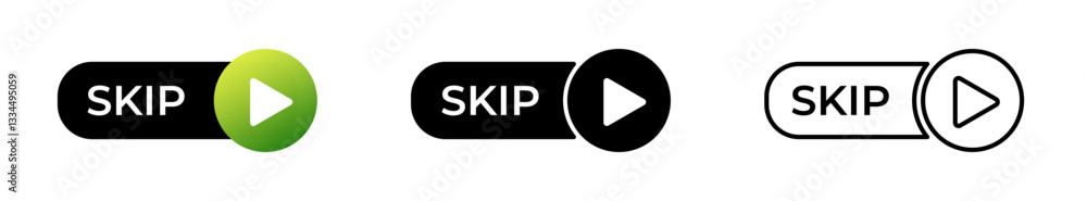 Three skip button designs with play icons, featuring different styles and color variations ...