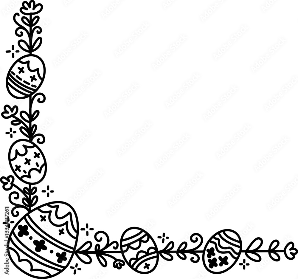 Hand drawn easter day egg doodle cartoon corner border frame ...