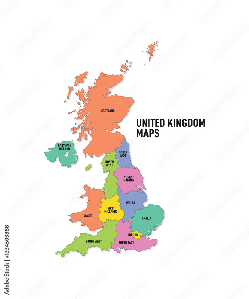 United Kingdom administrative districts high detailed vector map colored by regions with ...