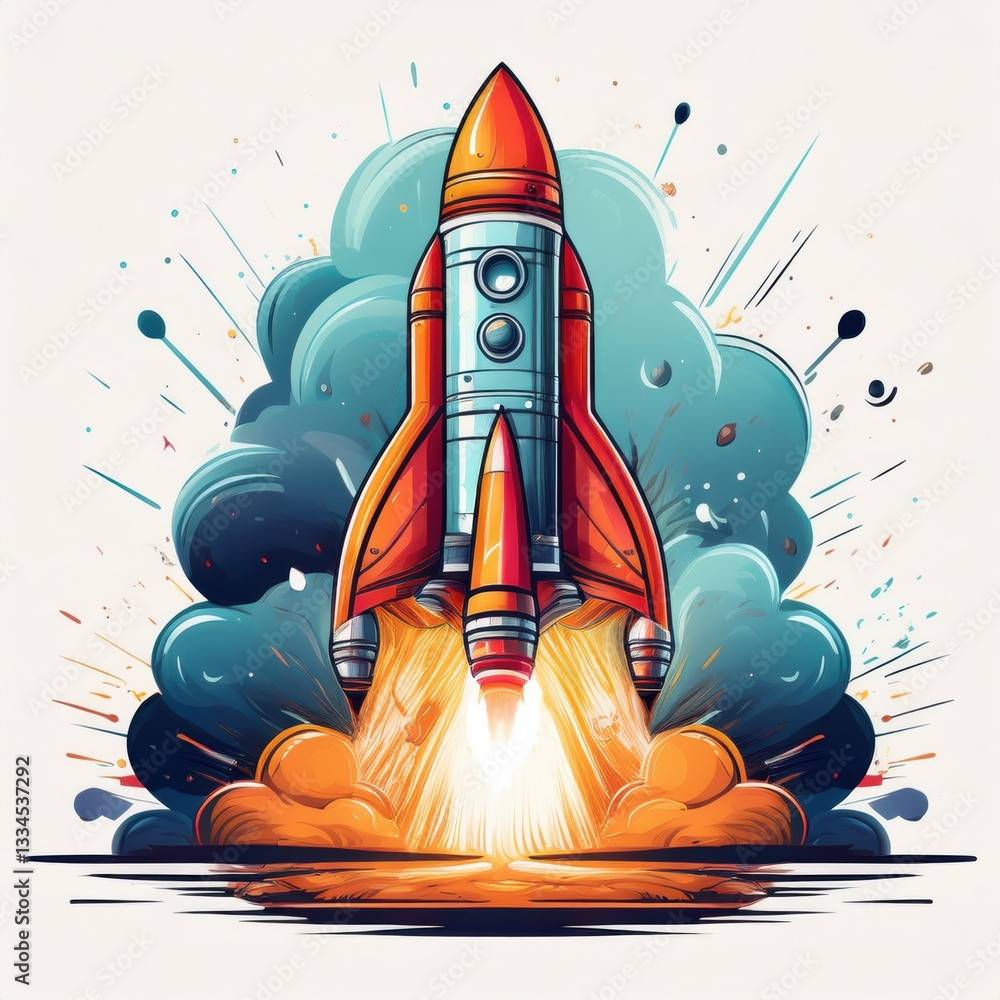 a rocket ship taking off with flames and smoke, representing the ...