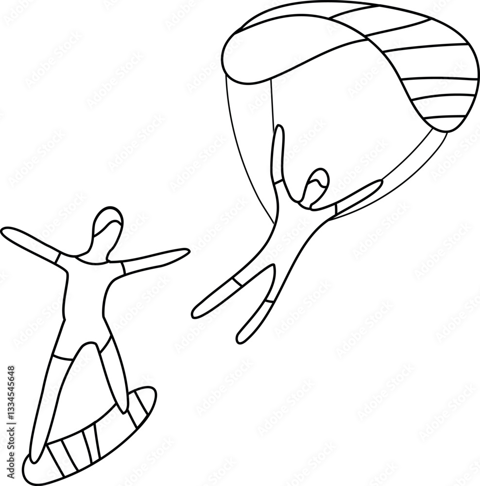 Coloring page with parasailing and surfing in flat style isolated on ...