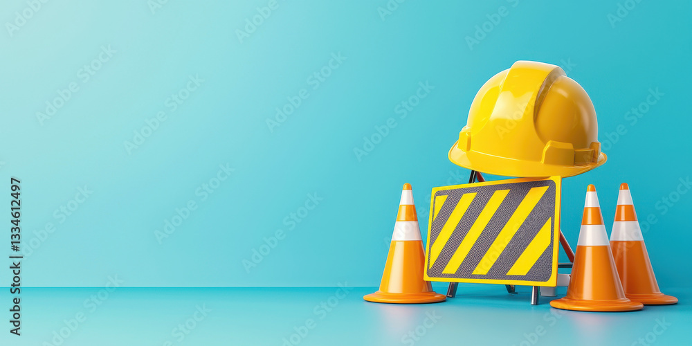 Traffic cones and warning sign board for under construction zone ...