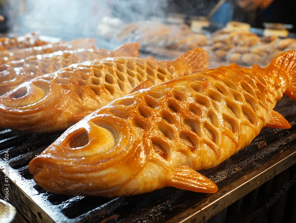 Crispy, fish-shaped Korean Bungeoppang pastries filled with sweet red ...