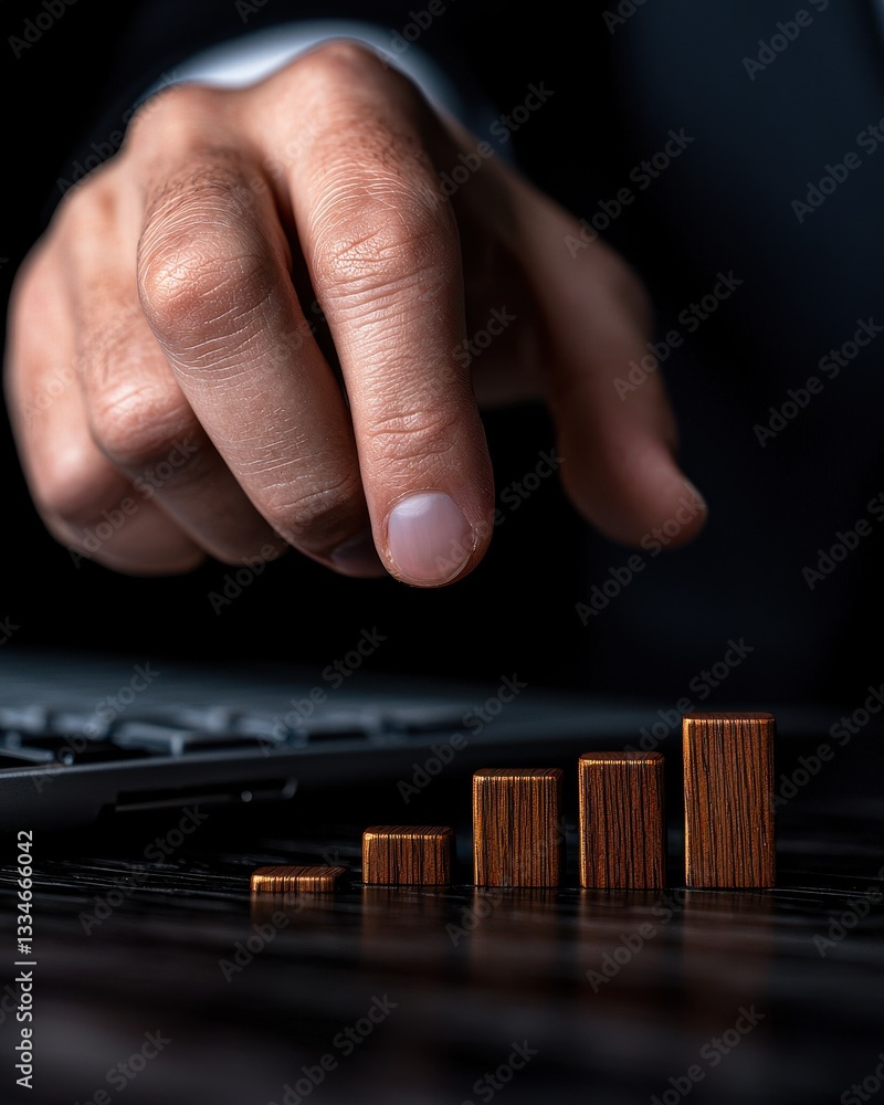 Hand pointing at ascending wooden bars on a keyboard, symbolizing ...