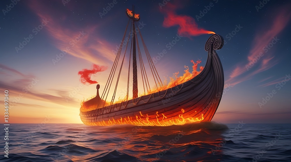 Ilustracja bez tantiem: Viking Ship on Fire: A Viking ship engulfed in ...