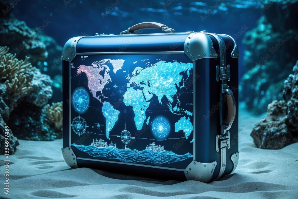 Futuristic briefcase with illuminated world map design sitting on ocean ...