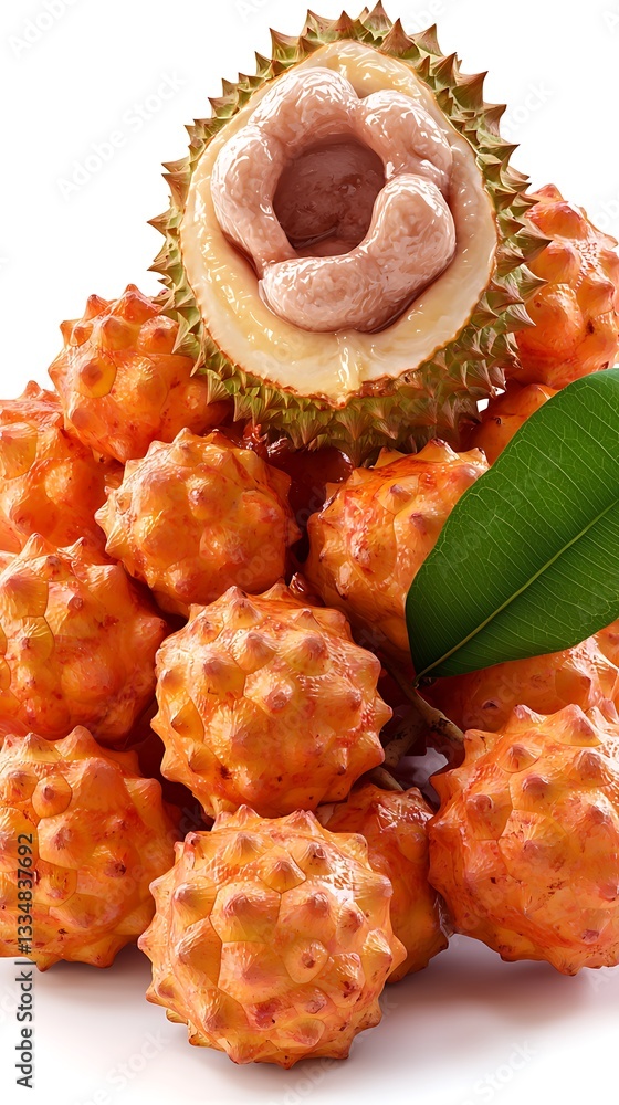 Pile of spiky fruits with one halved, white bg Stock Photo | Adobe Stock