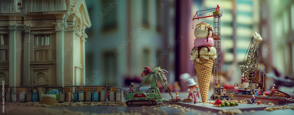 Miniature construction site building giant ice cream cone skyscraper in ...