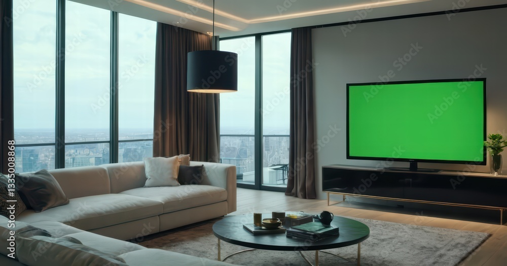modern living room with screen of tv and modern forniture and light ...