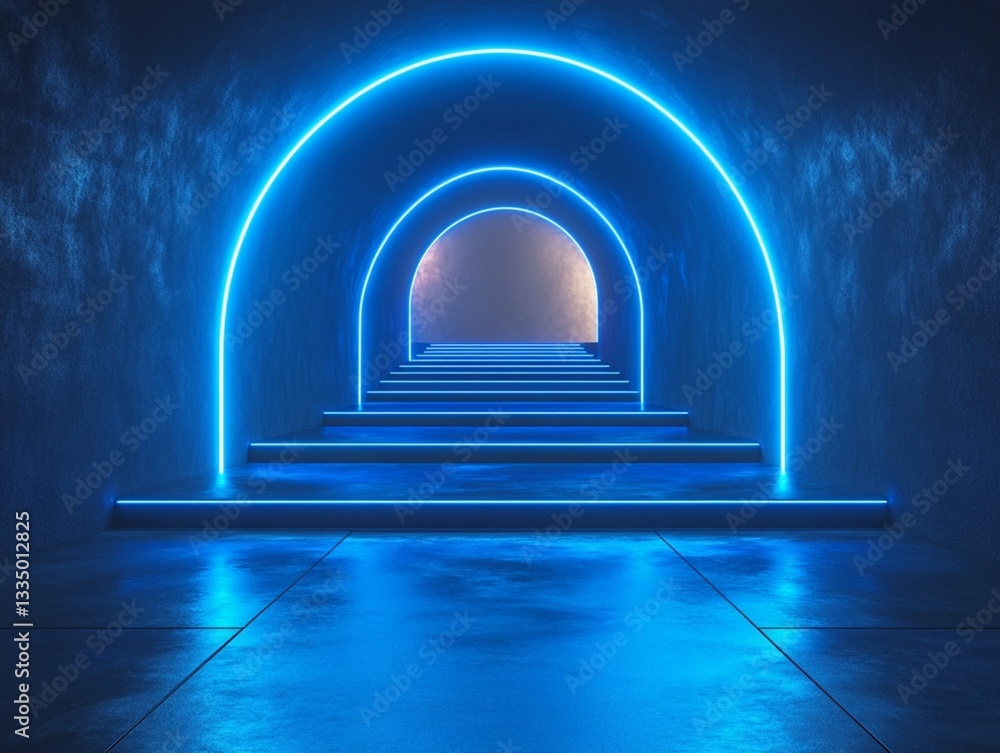 neon-lit corridor, futuristic archway, glowing blue floor, sci-fi ...