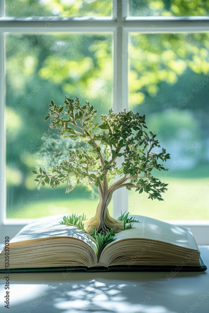 Open book with tree sculpture by sunny window representing knowledge ...