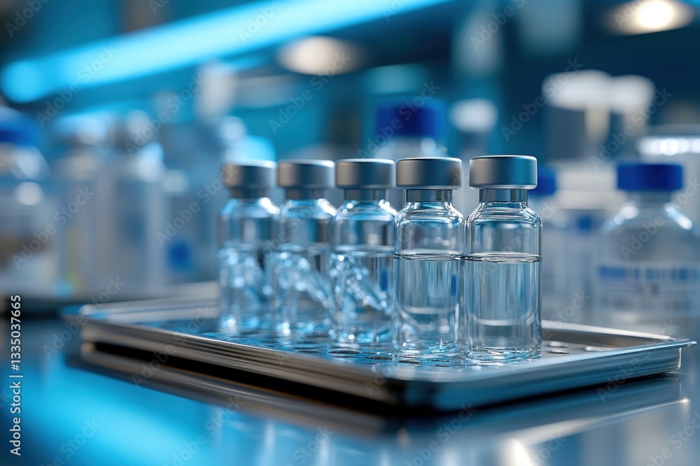 Six gleaming silver vials filled with clear liquid are neatly arranged ...