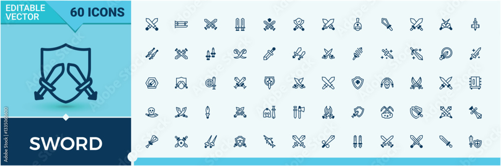 Sword icon set. Contains outline symbols like blade, dagger, weapon ...
