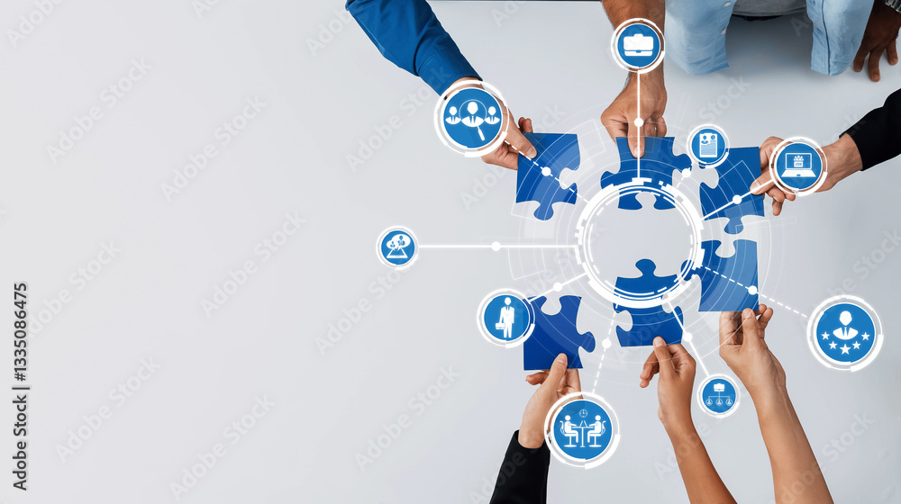 Hands engaged in collaborative puzzle assembly represent teamwork and ...