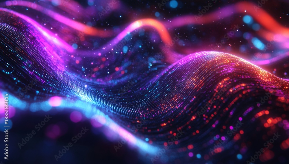 Abstract digital wave design with vibrant glowing particles. A mesmerizing display of flowing ...
