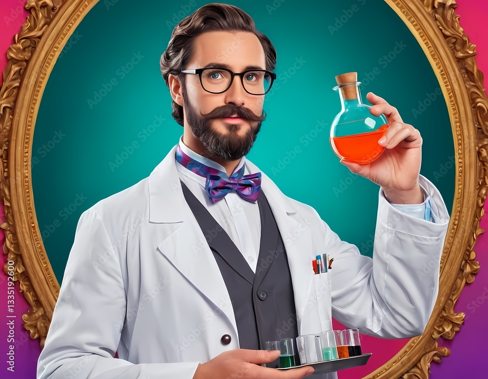 Bearded Scientist with Glasses Holding Colorful Liquid in Flask Wearing ...