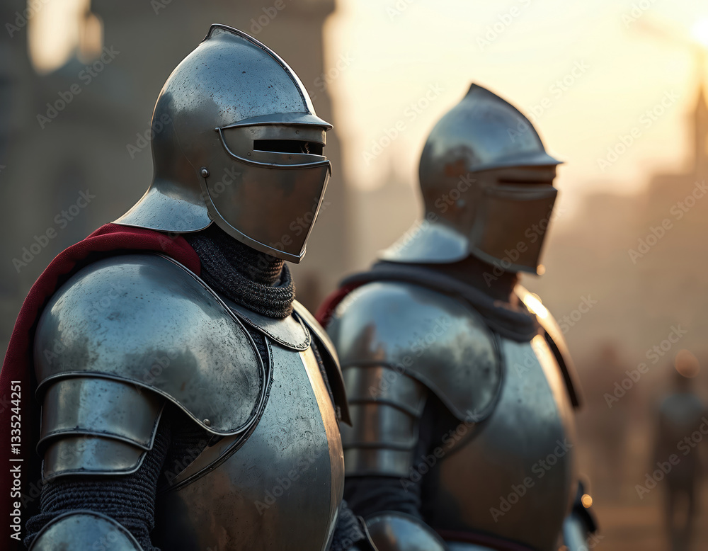 Two medieval knights stand side by side in full armor. Warriors ...