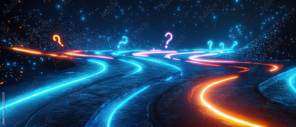 Glowing neon paths wind through a dark, starry expanse, illuminated question marks floating ...