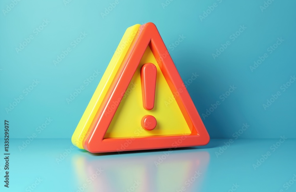 3D rendered yellow warning sign with red exclamation mark on blue ...