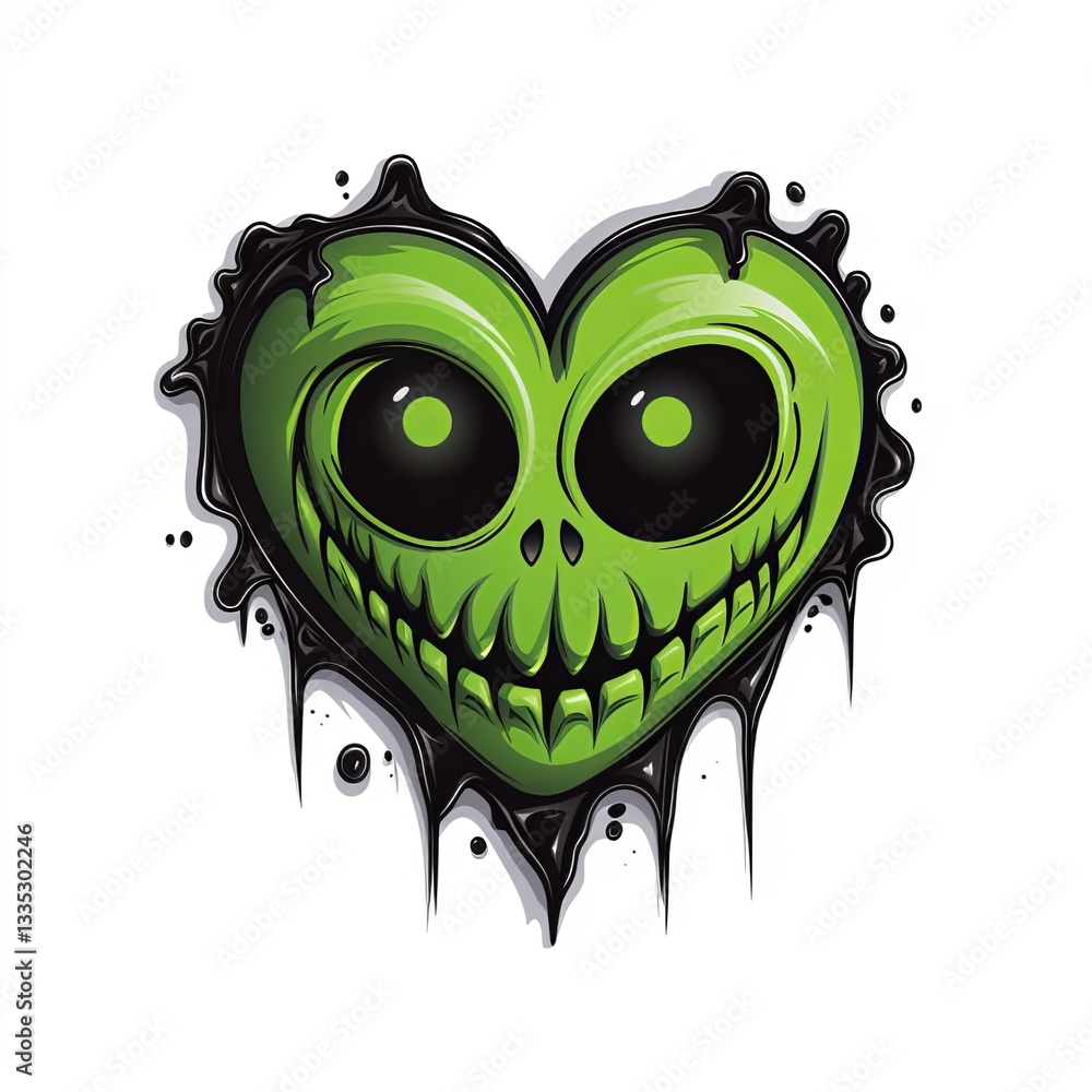 Creepy Green Heart Skull Illustration – Horror-Themed Digital Artwork ...