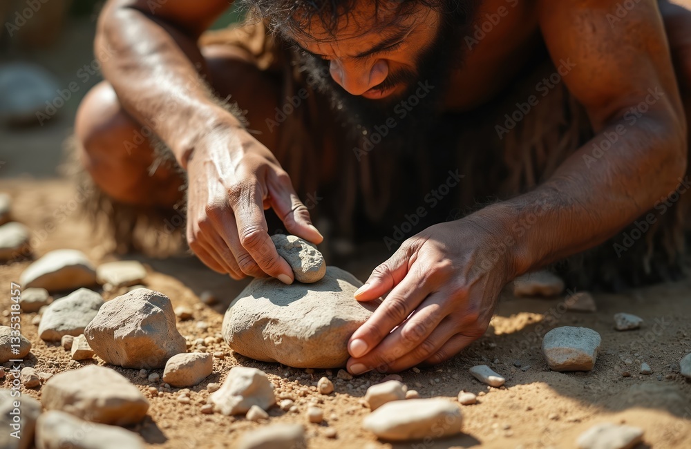 Homo Habilis employs stone tools. Ancestor processes stone with ...
