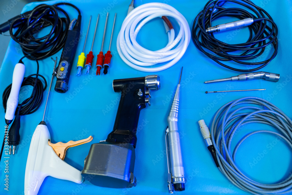 Neurosurgery tools on table. Surgical instruments and tools prepared ...