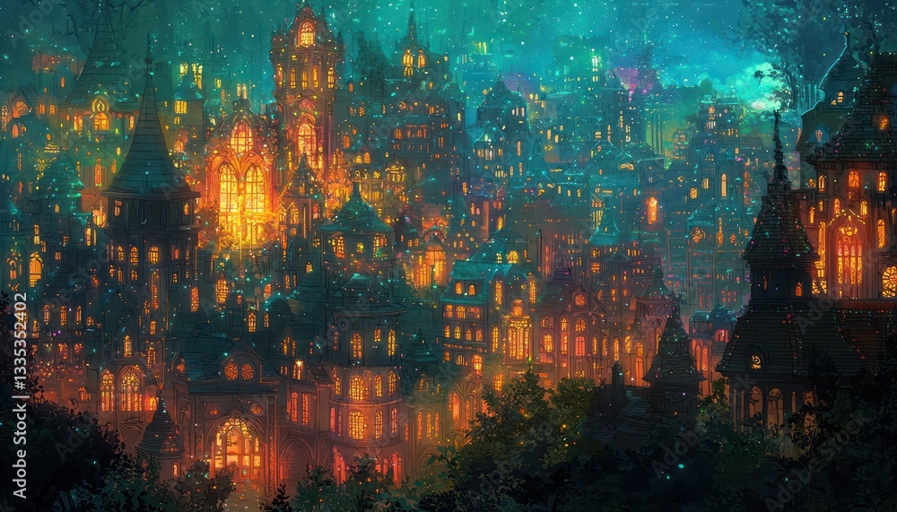 A bustling metropolis where every building is a living bioluminescent ...