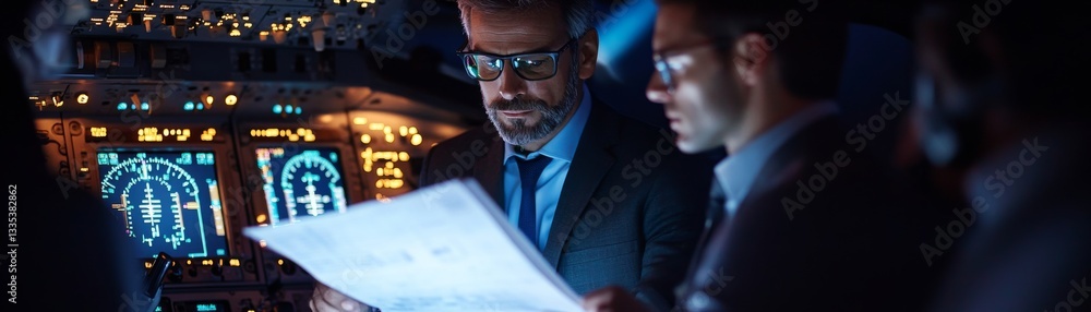 Airline captain reviewing flight plans with co-pilots inside an ...