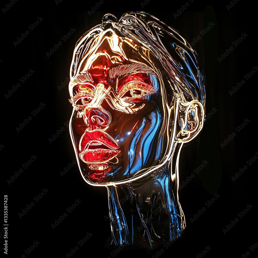 Sculptural representation of an abstract human face with radiant ...