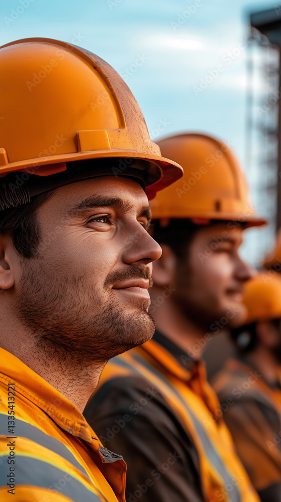 Mining worker wearing an orange safety vest and yellow helmet in a mine ...