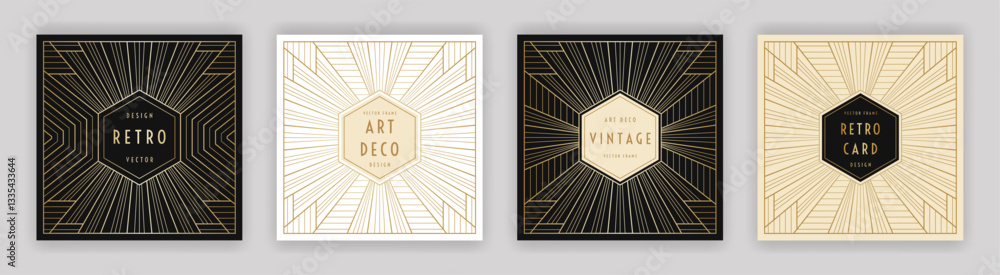 Retro geometric outline decor. Black, white and beige square cards ...
