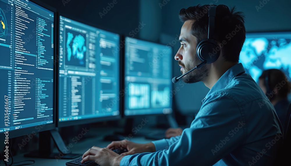 engineer works on multiple displays, analyzes network security, event ...