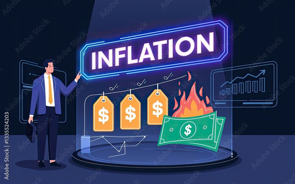 Inflation's Grip: A businessman pointing at "inflation" sign with price ...