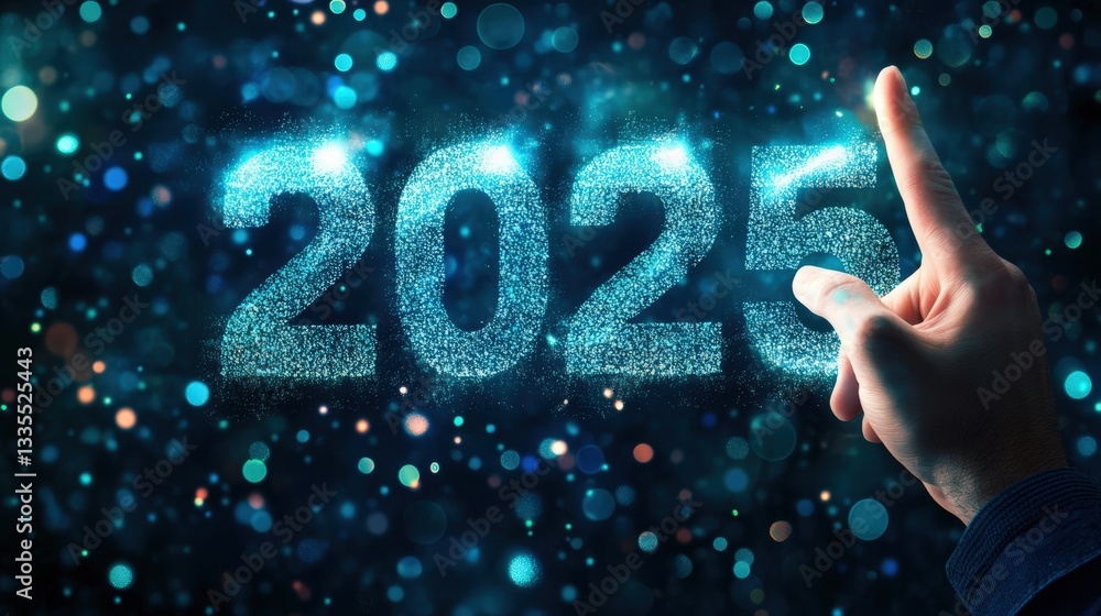 Bright digits of 2025 shine against a sparkling background as a finger ...