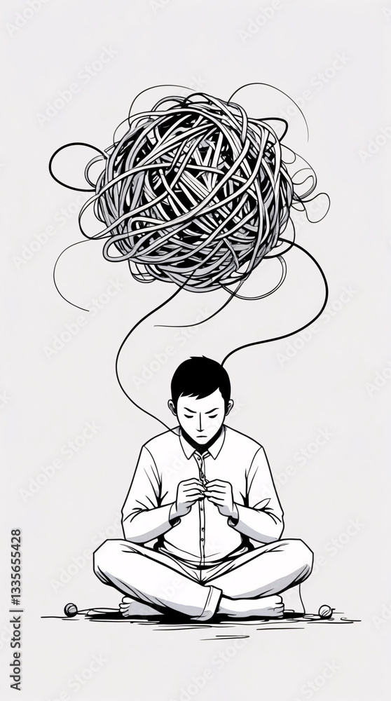Doodle of a sad man sitting struggling to untangle rope representing ...