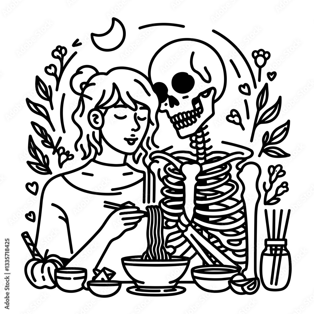Skeleton lesbian couple eat ramen minimalist monochrome vector drawing ...