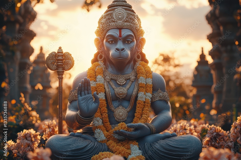 Lord Hanuman portrayed in a powerful divine pose. He is adorned with ...