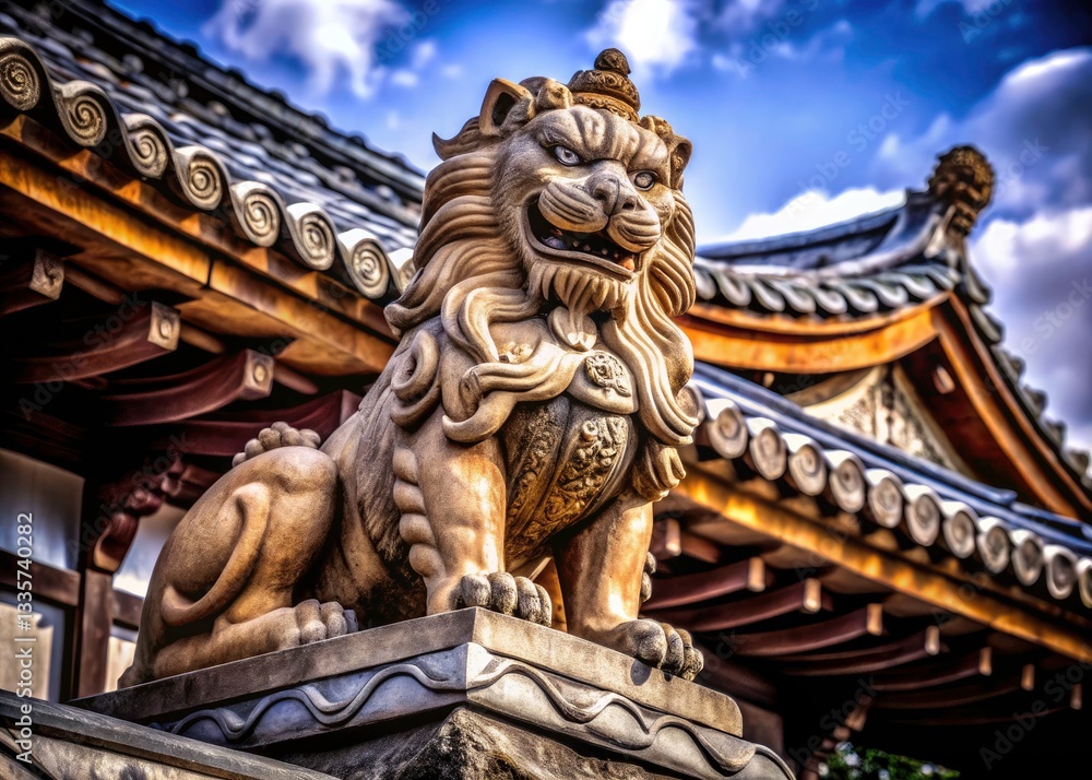 Japanese Roof Lion Sculpture - Architectural Detail, Asian Art, Stone ...